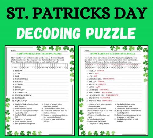 St. Patrick's Day Decoding Puzzle Vocabulary Worksheet | TPT
