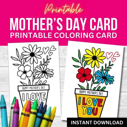 Mothers Day Bouquet Coloring Card Classroom Craft, Printable Card for Mom