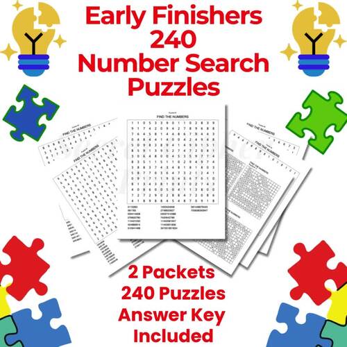 Early Finishers 240 Number Search Puzzle Pack- Answer Keys | Math Brain ...