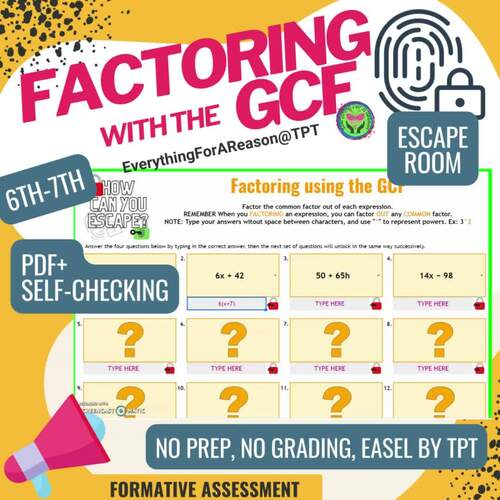 Factoring Algebraic Expressions with the GCF ESCAPE ROOM | TPT