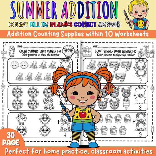 Summer Funny Counting Within 10 | Color, Fill in Missing Numbers & Answer
