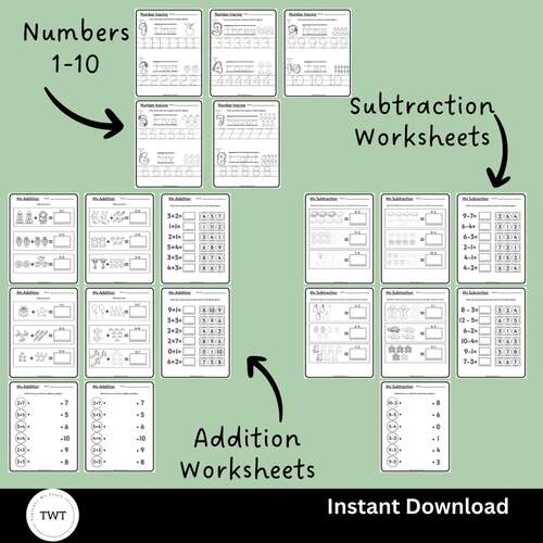 Mathematic Number Work Sheets - Numbers 1 - 10 Adding and Subtracting ...