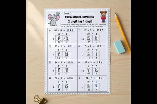 Area Model Division Worksheets – 2-Digit by 1-Digit - 50 Pages + Answer Key