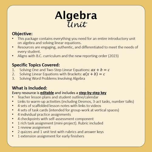 BC Math 8 Solving Linear Equations Algebra Unit: Engaging + Differentiated