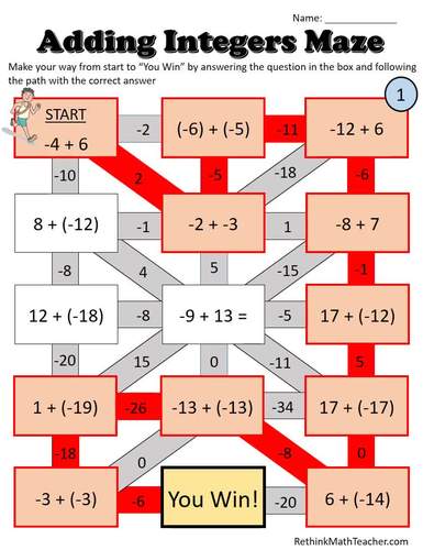 Adding Integers Maze Worksheets (3) by Rethink Math Teacher | TpT