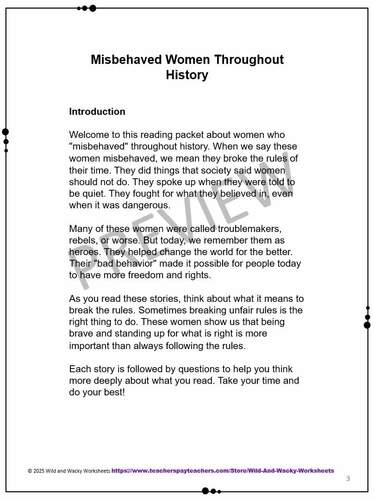 Rebellious Women in History: Pre-GED Reading (4th-5th grade level)