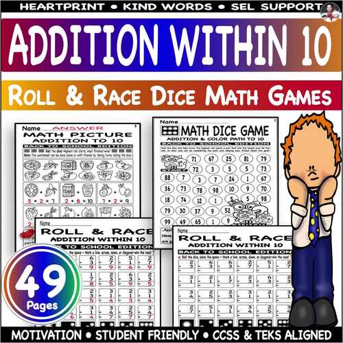 Back to School Addition Within 10 Dice Math Games 1- 3 Grade Fun Worksheets