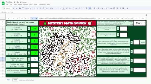 Christmas - Algebra Expressions - Digital Math Activity - Pixel Art