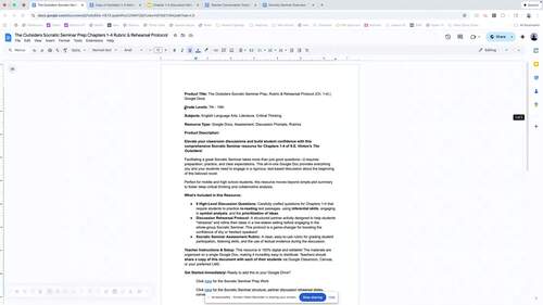The Outsiders Chapters 1-4 Socratic Seminar Questions, Protocol, Resources