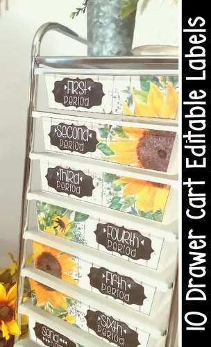 10 Drawer Cart Labels - Editable Farmhouse Classroom Decor Sunflower