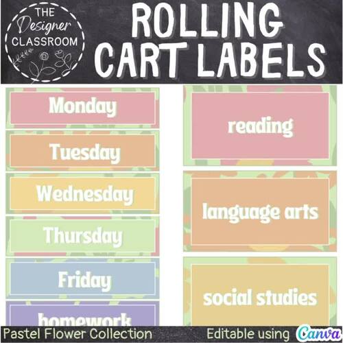 Canva Rolling Cart Labels Template | Pastel Flower Classroom Decor