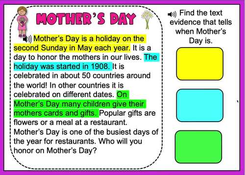 Mothers Day Finding Text Evidence Task Cards Digital Reading Boom Cards