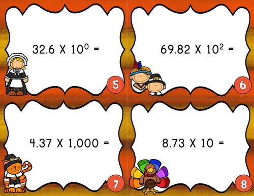 Thanksgiving Multiplying Decimals by Powers of 10 Task Cards | TPT