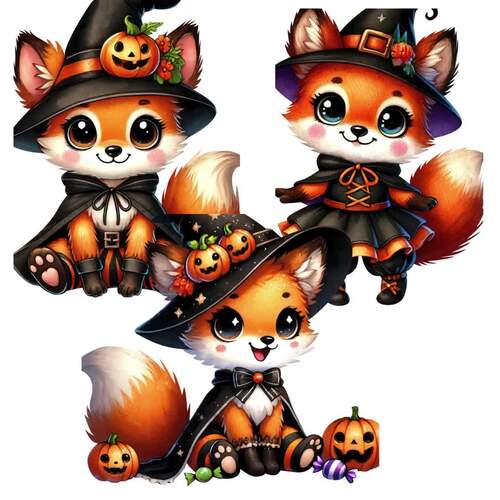 12 Halloween Cute Witch Fox Clipart PNG Set by V Design Art Shop