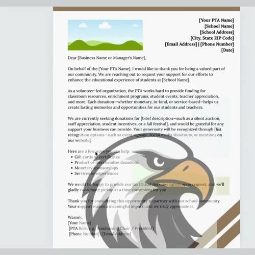 Editable PTA PTO Donation Request Letter Nonprofit Receipt Template ...