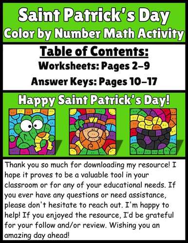 Saint Patrick's Day Color by Number Craft: Adding & Subtracting within ...