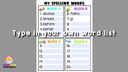 Editable Spelling: Super Star Weekly Curriculum by Superstar Worksheets TM