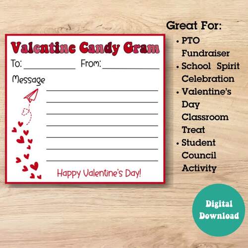 Valentine Candy Gram Fundraiser Valentine's Day Student Message Cards