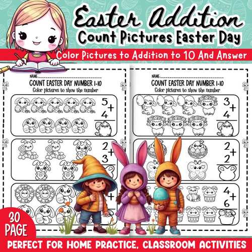 Math Addition within 10 Easter Counting Worksheets, Color the Pictures Math
