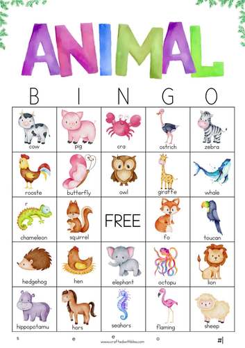 50 Watercolor Animal Bingo Cards (5x5), Animal Theme, Animal Party Game