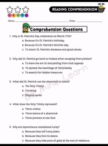 St. Patrick's Day Reading Comprehension and Writing Prompts Worksheets