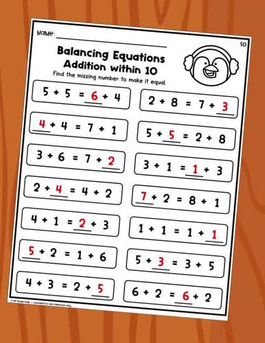 Penguin Addition Balancing Equations Within 10 Worksheets | Missing ...