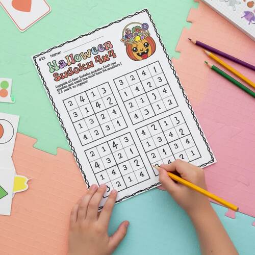 Halloween Sudoku 4x4 Puzzles – Fun Math Logic Worksheets for Kids