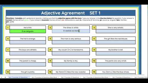 Spanish Adjective Agreement Los Adjetivos Self-checking Practice and ...