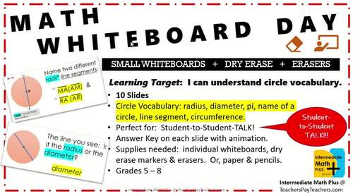 MATH WHITEBOARD DAY Circles Vocabulary by Intermediate Math PLUS