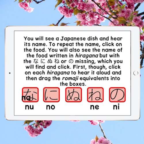 Learn Japanese hiragana through food na ni nu ne no Boom Cards with audio