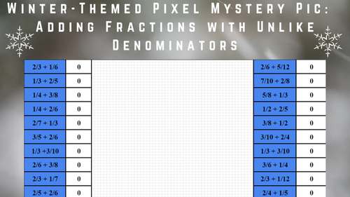 Winter-Themed: Pixel Art Mystery Pic-5th Grade Math-Adding Fractions-Form 2