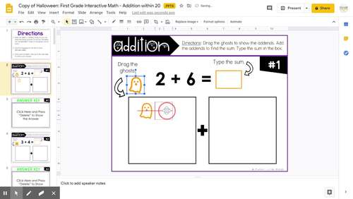 Halloween Addition within 20 First Grade Math Activity for Google Slides