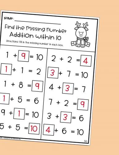 Rudolph Missing Number Addition Within 10 Find the Missing Addend ...