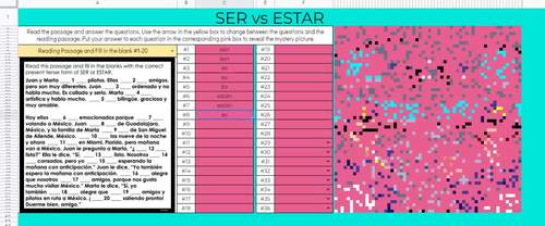 SER vs ESTAR Reading Comprehension Mystery Picture | Spanish Pixel Art