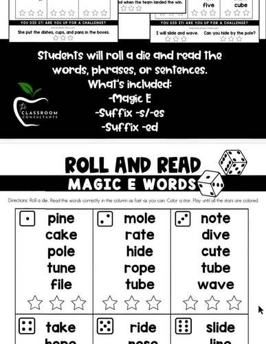 Decodable Fluency Roll & Read | Magic E + CVC, CVCC Suffix Words | SoR ...