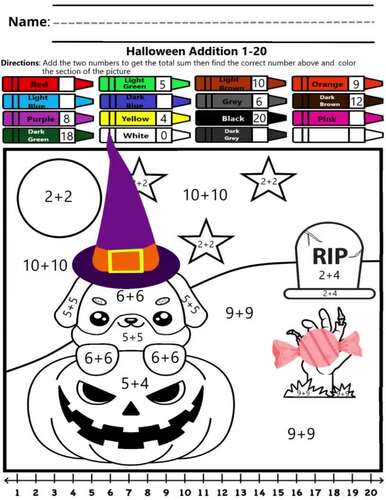 Halloween Color By Addition 1-20 Witch Dog with Numberline No Prep