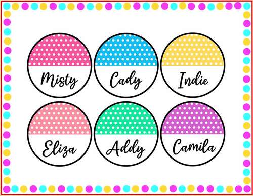 Round Polka Dots Student Name Labels, Editable KG Boho Bright Name Plates
