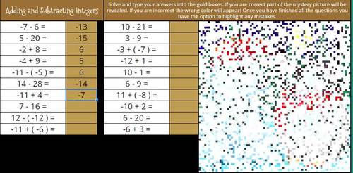 Adding and Subtracting Integers Christmas Math Pixel Art | TpT