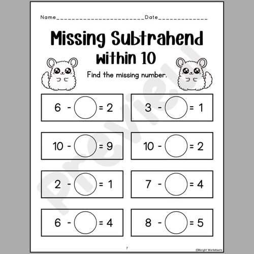 Missing Subtrahend Within 10 Worksheets | No Prep | Print & Go | Grade 1