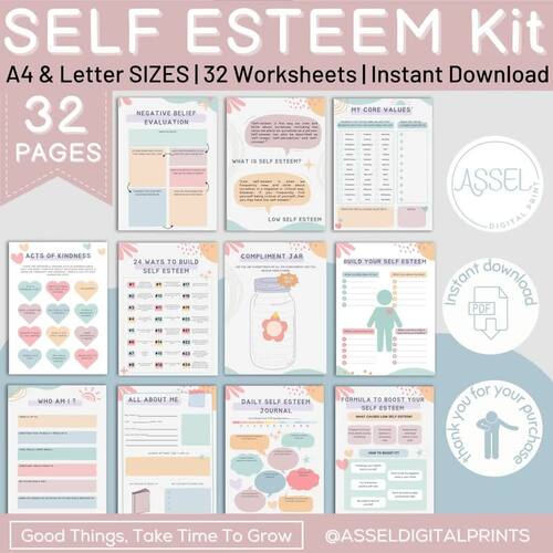 Therapy worksheet bundle, psychology resources, self esteem worksheets