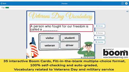 Veterans Day ELA Activities Vocabulary Boom Cards for Grades 2 to 5.
