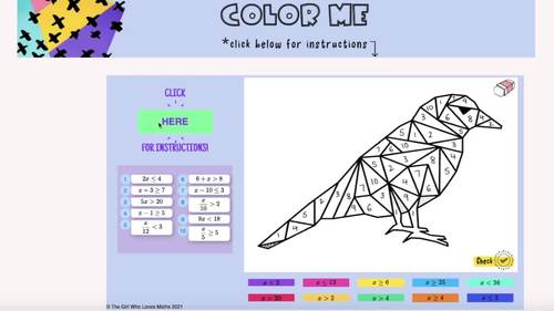 Solving One Step Inequalities Math {ONLINE coloring GAME) | TPT