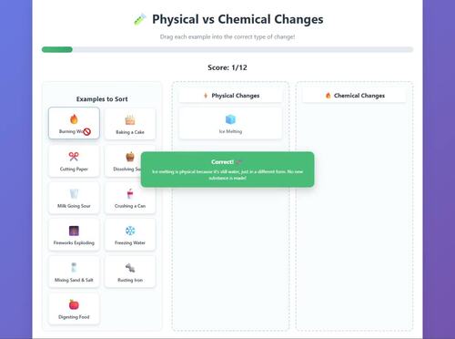 Physical and Chemical Change Interactive Sorting Game I 5th Grade Science