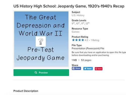 US History High School: Jeopardy Game, 1920's-1940's Recap | TpT