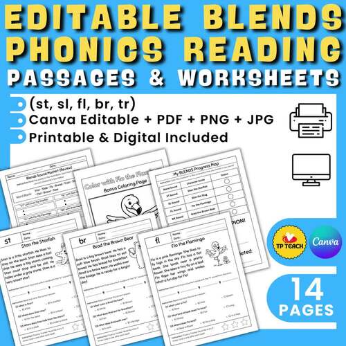 Editable Blends Phonics Reading Passages and Worksheets - st sl fl br ...