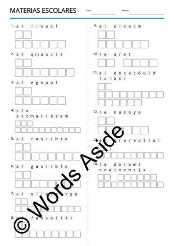 Spanish Word Games Cards Crossword Word Search Anagram SCHOOL SUBJECTS
