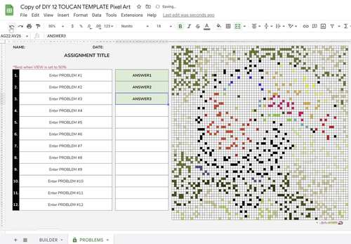 GOOGLE SHEETS DIY Digital Resource Pixel Art Template EDITABLE | Toucan