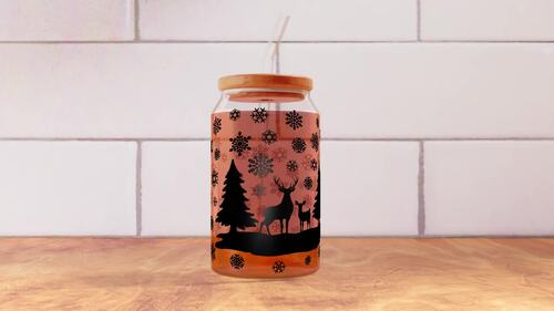 Winter Scene with Deers SVG 16oz Glass Can Wrap, Snowflakes and Deer in ...