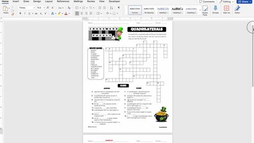 5th/7th Grade Math Fun Worksheet St. Patrick's Day Review: Quadrilaterals