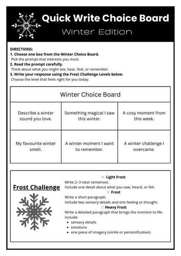 Winter Quick Write Choice Board | Sensory + SEL | Frost Challenge (No Prep)